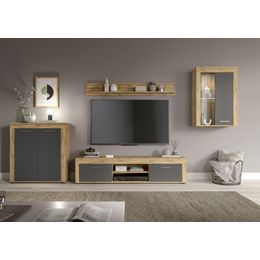Wohnwand Home Affaire "AOSTA, Breite 330cm, 4-teilige Wohn-Kombination", grau (wotan eiche nachbildung, grau), B:330cm H:169cm T:40cm, Holzwerkstoff, Kastenm&ouml;bel-Sets, Wohnwand, Wohnwand, Kombination, Anbauwand, M&ouml;bel Set, Schrankwand, M&ouml;bel Kombi