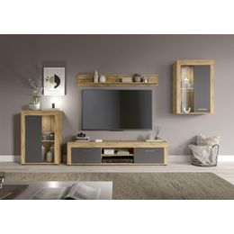 Wohnwand Home Affaire "AOSTA, Breite 310cm, 4-teilige Wohn-Kombination", grau (wotan eiche nachbildung, grau), B:330cm H:169cm T:40cm, Holzwerkstoff, Kastenm&ouml;bel-Sets, Wohnwand, Wohnwand, Kombination, Anbauwand, M&ouml;bel Set, Schrankwand, M&ouml;bel Kombi