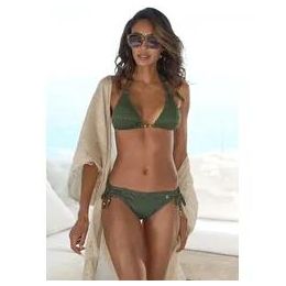 Triangel-Bikini-Top Lascana "Omara", Damen, Gr. 38, Cup C/D, gr&uuml;n (oliv), Microfaser, Recycling-Polyamid, Strukturmuster, unifarben, Bikini-Oberteile, mit Lochstickerei