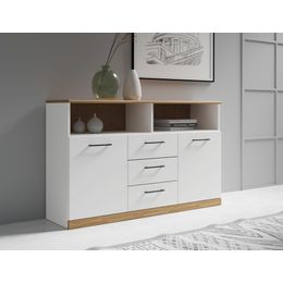 Sideboard OTTO HOME "Ribe,130cm breit,80cm hoch,Oberplatte Holz massiv,6 F&auml;cher", wei&szlig; (weis, eiche), B:130cm H:80cm T:35cm, FSC-zertifizierter Holzwerkstoff, Holz teilmassiv, Sideboards, Sideboard, Oberplatte Eiche massiv,schwarze Metall Griffe