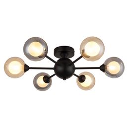 Globo LIGHTING Deckenleuchte "ROLAND", schwarz matt, 6, &Oslash; 55cm H: 15,5cm, 1 Stk., Leuchten, Deckenleuchte Schwarz, Glaskugeln Rauch/Amber, G9 LED, Deckenleuchte
