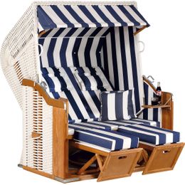 Strandkorb SUNNYSMART "Rustikal 250 Plus XL", wei&szlig; (korpus: natur, wei&szlig; bezug: blau, wei&szlig;), Strandk&ouml;rbeB:145cm H:160cm T:90cm, Strandkorb, 2 XL-Sitzer, komplett montiert, Oberkorb in einem St&uuml;ck geflochten, B:145cm H:160cm T:90cm