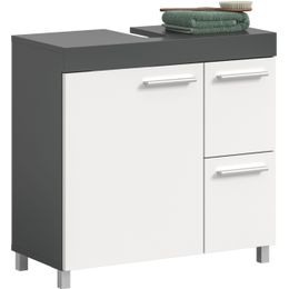 Waschbeckenunterschrank Welltime "HANO, Badezimmer, WBU, Waschtisch, Kommode, Unterschrank", anthrazit, wei&szlig;, B:65cm H:63cm T:31cm, FSC-zertifizierter Holzwerkstoff, Schr&auml;nke, Waschbeckenunterschrank, 1 T&uuml;r, 2 E-B&ouml;den, 2 F&auml;cher, 2 Schubk&auml;sten, mit Siphonausschnitt