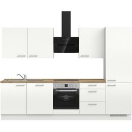 K&uuml;chenzeile Nobilia "Laser II", NEU: individuell anpassbar mit gratis Profi-Beratung", wei&szlig; (k&uuml;che: wei&szlig;, korpus: alpinwei&szlig;, arbeitsplatte: eiche havanna nachbildung), B:300,3cm H:216,6cm T:60cm, Komplettk&uuml;chen-Sets, K&uuml;chenzeile, vormontiert, 300 cm breit, optional mit verschiedenen E‑Ger&auml;te-Sets