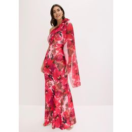 bonprix Abendkleid mit One-Shoulder und Blumen-Applikation, rot, Gr.54, Maxi-Kleid aus strukturiertem Crep&eacute; mit One-Shoulder und Blumen-Appliaktion