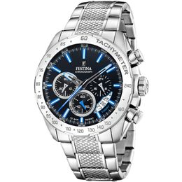 Chronograph Festina "Timeless Chronograph", silber (silberfarben, schwarz, blau), Armbanduhren, Herren, Chronograph, Armbanduhr, Quarzuhr, Herrenuhr, Stoppfunktion, Edelstahlarmband