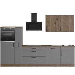 Wiho-K&uuml;chen K&uuml;chenzeile WIHO K&Uuml;CHEN "Elba", grau (k&uuml;che: grau, korpus: halifax eichefarben braun, arbeitsplatte: halifax eichefarben braun), B:310cm T:60cm, Komplettk&uuml;chen-Sets, K&uuml;chenzeile, wahlweise mit Hanseatic E-Ger&auml;ten, Breite 310 cm