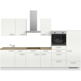 K&uuml;chenzeile Nobilia "Laser I", NEU: individuell anpassbar mit gratis Profi-Beratung", wei&szlig; (k&uuml;che: wei&szlig;, korpus: alpinwei&szlig;, arbeitsplatte: eiche havanna nachbildung), B:330,3cm H:216,6cm T:60cm, Komplettk&uuml;chen-Sets, K&uuml;chenzeile, vormontiert, 330 cm breit, optional mit verschiedenen E‑Ger&auml;te-Sets
