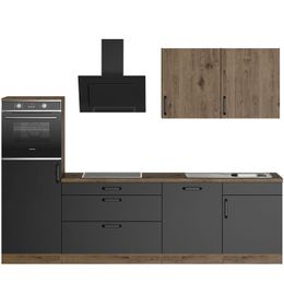 Wiho-K&uuml;chen K&uuml;chenzeile WIHO K&Uuml;CHEN "Elba", schwarz (k&uuml;che: schwarz, korpus: halifax eichefarben braun, arbeitsplatte: halifax eichefarben braun), B:280cm T:60cm, Komplettk&uuml;chen-Sets, K&uuml;chenzeile, wahlweise mit Hanseatic E-Ger&auml;ten, Breite 280 cm