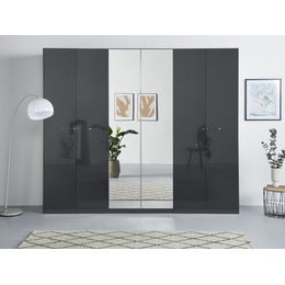 Dreht&uuml;renschrank Rauch "Kleiderschrank Schrank Garderobe OTELI inkl. Inneneinteilung", grau (graumetallic, hochglanz effektgrau), B:271cm H:229cm T:54cm, Holzwerkstoff, Schr&auml;nke, Dreht&uuml;renschrank, mit zus&auml;tzlichen Einlegeb&ouml;den, optional mit Spiegel MADE IN GERMANY