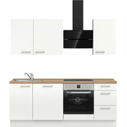 K&uuml;chenzeile Nobilia "Laser II", NEU: individuell anpassbar mit gratis Profi-Beratung", k&uuml;che: wei&szlig;, korpus: alpinwei&szlig;, arbeitsplatte: eiche havanna nachbildung, B:210,3cm H:216,6cm T:60cm, Komplettk&uuml;chen-Sets, K&uuml;chenzeile, vormontiert, 210 cm breit, optional mit verschiedenen E‑Ger&auml;te-Sets