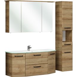 Badm&ouml;bel-Set SAPHIR "Quickset 318, mit T&uuml;rd&auml;mpfer", braun (riviera eiche quer nachbildung), B:142cm H:200cm T:48cm, Holzwerkstoff, Kastenm&ouml;bel-Sets, Badm&ouml;bel-Set, Badezimmer-Set mit Glaswaschtisch und H&auml;ngeschrank