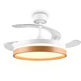 REALITY LEUCHTEN LED Deckenleuchte "VOLDA mit Ventilator, Deckenventilator mit ausklappbaren Fl&uuml;geln 30W", wei&szlig;, holzfarben, 1, &Oslash; 106cm H: 42cm, 1 Stk., Leuchten, &Oslash; 49-106 cm (aufgeklappt), 6 Stufen, LED 30W CCT dimmbar Timer Fernb., LED Deckenleuchte