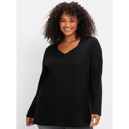 V-Shirt sheego "Langarmshirt", Damen, Gr. 44/46, schwarz, 100% Baumwolle, unifarben, V-Ausschnitt, Shirts