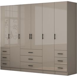Kleiderschrank OTTO HOME "Trento Schlafzimmerschrank Garderobe hochglanz", sandgrau, B:240cm H:200cm T:52cm, FSC-zertifizierter Holzwerkstoff, Schr&auml;nke, Kleiderschrank, Schrank mit 6 T&uuml;ren und 9 Schubladen, hochgl&auml;nzende Fronten