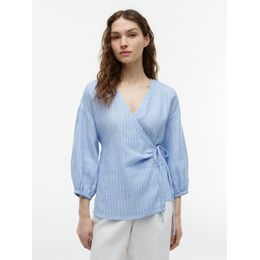 Wickelbluse Tommy Hilfiger "SUMMER LINEN WRAP TIE BLOUSE", Damen, Gr. 50, blau khaki stripe, Web, Obermaterial: 100% Leinen, gestreift, normal, V-Ausschnitt, Blusen, Leinen