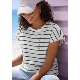 Kurzarmshirt ELBSAND "Selma", Damen, Gr. L, wei&szlig;, marine gestreift, Jersey, Obermaterial: 50% Baumwolle, 50% Polyester, gestreift, figurumspielend h&uuml;ftlang, Rundhals, angeschnitten, Shirts