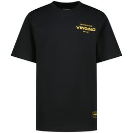 T-Shirt Vingino, Jungen, Gr. 152, schwarz (deep schwarz), Jersey, Obermaterial: 100% Baumwolle, bedruckt, relaxed fit h&uuml;ftbedeckend, Rundhals, Shirts T-Shirt, mit Front-Print und gro&szlig;en R&uuml;ckenprint, for boys