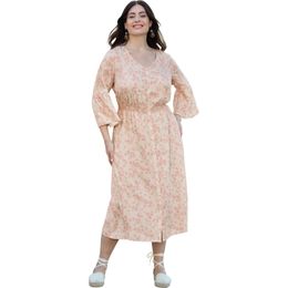 sheego Damen Sommerkleid mit Volant&auml;rmeln elfenbein-rosenquarz-bedruckt Gr&ouml;&szlig;e 42