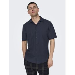 Only & Sons Kurzarmhemd ONLY & SONS "ONSCAIDEN SS SOLID RESORT LINEN NOOS", Herren, Gr. L, N-Gr, blau (night sky), Web, Obermaterial: 55% Baumwolle, 45% Leinen, unifarben, slim fit, Hemden