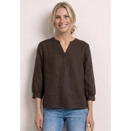 Shirtbluse Street One, Damen, Gr. 34, espresso braun, Web, 55% Leinen, 45% Viskose, unifarben, klassisch normal, Rundhals, B&uuml;ndchen, Blusen, mit geschlitztem Rundhalsausschnitt