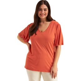 sheego Damen V-Shirt mit Fl&uuml;gel&auml;rmeln und Bindeband im Nacken terra Gr&ouml;&szlig;e 56/58