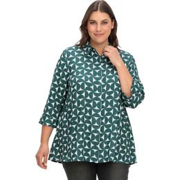 sheego Damen Longbluse mit verl&auml;ngertem R&uuml;ckteil tiefgr&uuml;n-gemustert Gr&ouml;&szlig;e 46