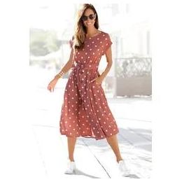 Midikleid Lascana, Damen, Gr. 46, N-Gr, beige (marsala, creme, bedruckt), Web, Obermaterial: 100% Viskose, gepunktet, figurumspielend ca. Mitte Wade, Rundhals, Aufschlag, Kleider Midikleid, mit Punktedruck und Taschen, Sommerkleid, Topseller
