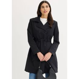 Trenchcoat bonprix, Damen, Gr. 42, schwarz, Web, Obermaterial: 97% Baumwolle, 3% Elasthan. Futter: 100% Polyester, unifarben, A-Linie ca. Mitte Oberschenkel, angesetztes B&uuml;ndchen, M&auml;ntel, mit abnehmbarem Bindeg&uuml;rtel, 2-Reiher