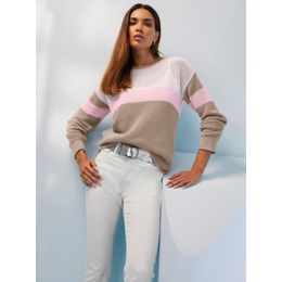 Strickpullover Heine "Pullover", Damen, Gr. 46, beige (ecru, sesam, gemustert), 100% Baumwolle, gemustert, mehrfarbig, Pullover Strickpullover