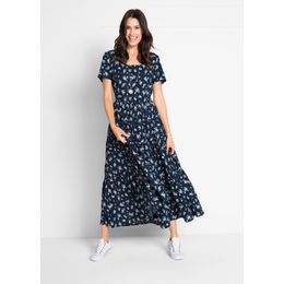 Maxikleid bonprix, Damen, Gr. 46, N-Gr, blau (dunkelblau gebl&uuml;mt), Obermaterial: 100% Baumwolle, loose fit, Kleider Maxikleid, aus reiner Baumwolle, Loose Fit, Kurzarm-Design, mit Allover-Muster