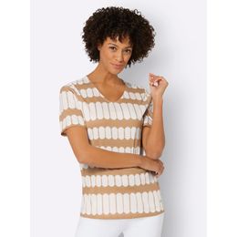 Kurzarmshirt Casual Looks "Shirt", Damen, Gr. 44, gelb (camel, ecru, bedruckt), 50% Baumwolle, 50% Modal, gemustert, mehrfarbig, V-Ausschnitt, Shirts