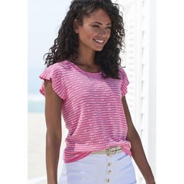 Rundhalsshirt Vivance "mit Streifenstruktur", Damen, Gr. 32/34, pink (pink, creme), Feinstrick, Obermaterial: 54% Polyester (REPREVE), 35% Baumwolle, 11% Viskose, gestreift, normal normal, Rundhals, Fl&uuml;gel&auml;rmel, Shirts Rundhalsshirt, aus leichter Feinstrickqualit&auml;t