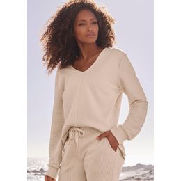 Sweatshirt s.Oliver, Damen, Gr. 32/34, beige (creme), Rippware, Obermaterial: 100% Baumwolle, unifarben, Basic, bequem h&uuml;ftbedeckend, V-Ausschnitt, Sweatshirts Sweatshirt, Langarmshirt mit V-Ausschnitt und weiche Rippb&uuml;ndchen, Loungewear