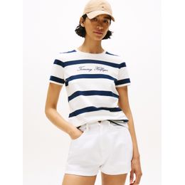 Kurzarmshirt Tommy Hilfiger "SCRIPT REG C-NK SS T-SHIRT", Damen, Gr. S (36), beige (wide stp ivory silk, schwarz night), Single Jersey, Obermaterial: 100% Baumwolle, gestreift, regular fit normal, Rundhals, Shirts, Baumwolle