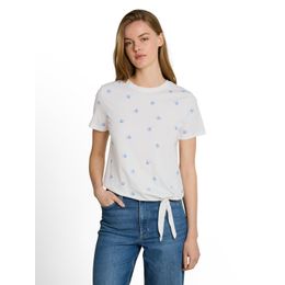 T-Shirt Tom Tailor Denim, Damen, Gr. L, sanftes wei&szlig; shell embroidery, Single Jersey, Obermaterial: 100% Baumwolle, bestickt, regular fit h&uuml;ftbedeckend, tiefer Rundhals, abgesteppte Kante, Shirts T-Shirt, Sommershirt mit Knoten-Detail und Stickereien