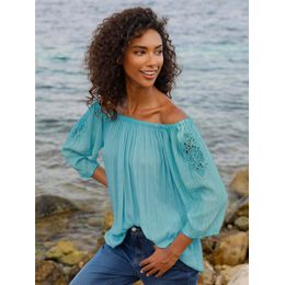 Schlupfbluse Heine, Damen, Gr. 50, t&uuml;rkis, 100% Viskose, gemustert, unifarben, Carmenausschnitt, Blusen Schlupfbluse