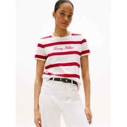 Kurzarmshirt Tommy Hilfiger "SCRIPT REG C-NK SS T-SHIRT", Damen, Gr. S (36), rot (breton stp iovry, med rot), Single Jersey, Obermaterial: 100% Baumwolle, gestreift, regular fit normal, Rundhals, Shirts, Baumwolle