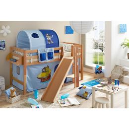 Ticaa Hochbett mit Rutsche Podestbett "Tino" Buche Natur Motiv, teilbar mit Farbauswahl