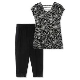 Hausanzug sheego, Damen, Gr. 42, schwarz-wei&szlig; (schwarz, wei&szlig;), 95% Viskose, 5% Elasthan, Homewear-Sets Hausanzug