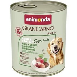 animonda GranCarno Single Protein Superfoods Nassfutter Hund Adult, Huhn und Spinat, Himbeeren, K&uuml;rbiskerne 12x800 g