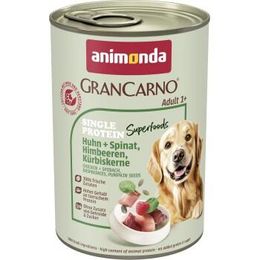 animonda GranCarno Single Protein Superfoods Nassfutter Hund Adult, Huhn und Spinat, Himbeeren, K&uuml;rbiskerne 24x400 g