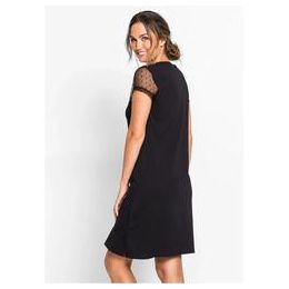 Nachthemd bonprix, Damen, Gr. 48/50 (XL), N-Gr, schwarz, Jersey, Obermaterial: 100% Baumwolle. Spitze: 82% Polyamid, 18% Elasthan, unifarben, Basic knieumspielend, Rundhals, Kleider Nachthemd, mit Mesh-Einsatz und dekorativer Zierschleife am Ausschnitt