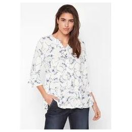 Druckbluse bonprix, Damen, Gr. 44/46 (L), wollwei&szlig; floral, Web, Obermaterial: 50% Baumwolle, 50% Viskose, bedruckt, gebl&uuml;mt, ausgestellt Po-bedeckend, Rundhals, Volant, Blusen Druckbluse, ausgestellte Passform, 3/4-&Auml;rmel, f&uuml;r Fr&uuml;hling und Sommer