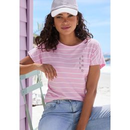 Kurzarmshirt ELBSAND "Selma", Damen, Gr. L, ros&eacute;, wei&szlig; gestreift, Jersey, Obermaterial: 50% Baumwolle, 50% Polyester, gestreift, figurumspielend h&uuml;ftlang, Rundhals, angeschnitten, Shirts