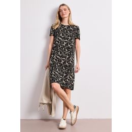 Midikleid Street One, Damen, Gr. 34, EURO-Gr&ouml;&szlig;en, schwarz, Stoff, 85% Viskose, 13% Polyester, 2% Elasthan, gemustert, comfort fit knieumspielend, Rundhals, normaler Saum, Kleider Midikleid, mit Rundhalsausschnitt