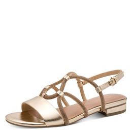 Sandalette Marco Tozzi, Damen, Gr. 37, goldfarben, Lederimitat, Textil, gl&auml;nzend, Schuhe Sandalette, Blockabsatz, Riemchensandale, Sommerschuh in veganer Verarbeitung