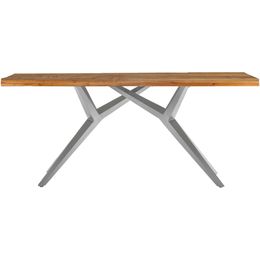 Esstisch Sit, braun (natur, antiksilber, antiksilber, natur), B:180cm H:76cm T:100cm, Platte recyceltes Teak, Gestell Metall, Tische, Esstisch, mit Sonnenmuster