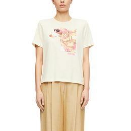 Kurzarmshirt comma, Damen, Gr. 34, beige, Single Jersey, Obermaterial: 65% Baumwolle, 35% Polyester, bedruckt, normal h&uuml;ftbedeckend, Rundhals, abgesteppte Kante, Shirts, Sommershirt mit Print