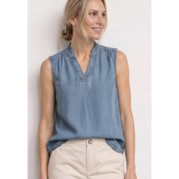 Blusentop Street One, Damen, Gr. 40, light blau washed, Stoff, 100% Lyocell, unifarben, klassisch normal, Rundhals, abgesteppt, Blusen Blusentop, mit R&uuml;schendetails
